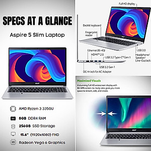 acer 2023 Newest Aspire 5 Slim Laptop, 15.6" Full HD Display, 8GB RAM, 256GB SSD Storage, AMD Ryzen 4-Core Processor, Backlit Keyboard, Fingerprint Login, HDMI, Ethernet Port, Type-C, Windows 11 S