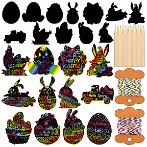 72 Pieces Easter Scratch Paper Kits Scratch Ornaments for Kids Rainbow Colorful Scratch Paper Art Craft Rainbow Easter Day Egg Bunny Chick Cutouts with 12 Wooden Stylus 2 Color Ropes for Easter Party
