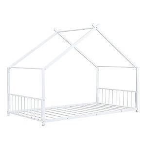 DNYN Twin Size Metal House Bed with Roof Design for Kids Bedroom,Sturdy Steel Bedframe,No Box Spring Needed, White