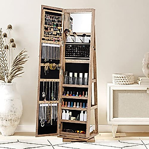 SERWALL 360 Rotating Jewelry Stand Organizer - Jewelry Armoire with Full-Length Mirror- Freestanding Dressing Mirror Jewelry Cabinet Storage - WOOD