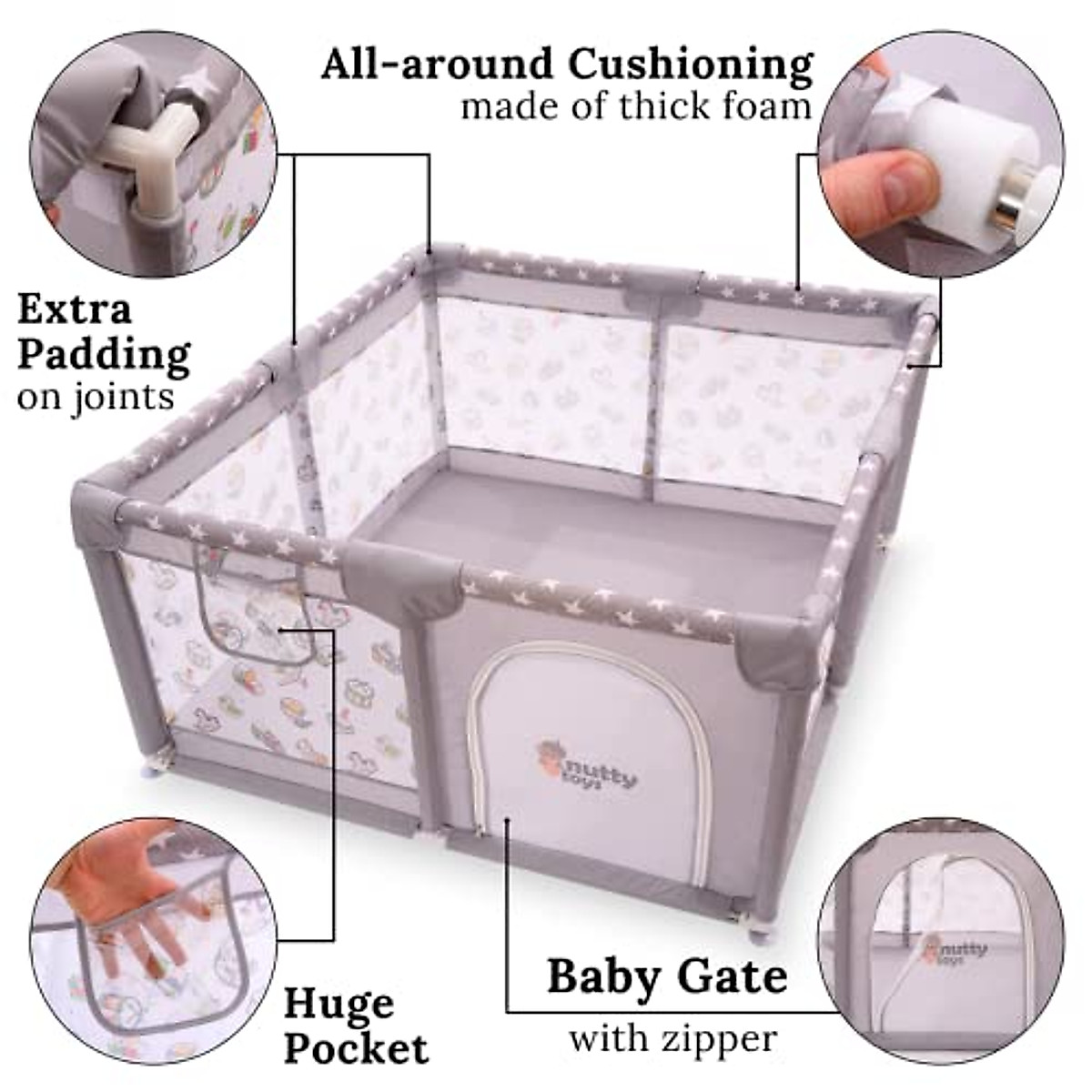 Nutty Toys Baby & Toddler Playpen - Safe & Sturdy Design | Extra Cushioning, Pull Rings, Large Pocket & Carry Bag | Fast Assembly 50x50 Big Play Pens for Babies and Toddlers, Large Area Kids Play Yard