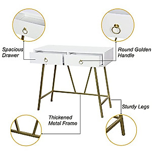 Anmytek Modern Home Office Desk, 35.4 Inch Makeup Vanity Table White Study Desk 2 Drawers Writing Desk Computer Desk with Golden Legs, D0002