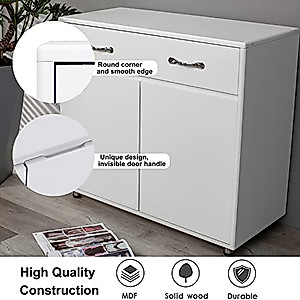 Henf White Storage Cabinet with Two Doors and 1 Big Storage Drawer Side Table Kitchen Storage Sideboard 2 Tire Pantry Cabinet for Living Room Bathroom Laundry Room Furniture