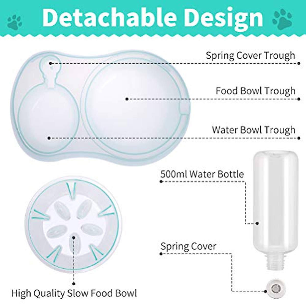 BINGPET Automatic Feeder Slow Food and Refill Water Bowl for Cat & Dog, Removable Automatic Water Dispenser and Slow Food Bowl, Non-Slip Pet Feeder Water Bowls for Cats and Puppies