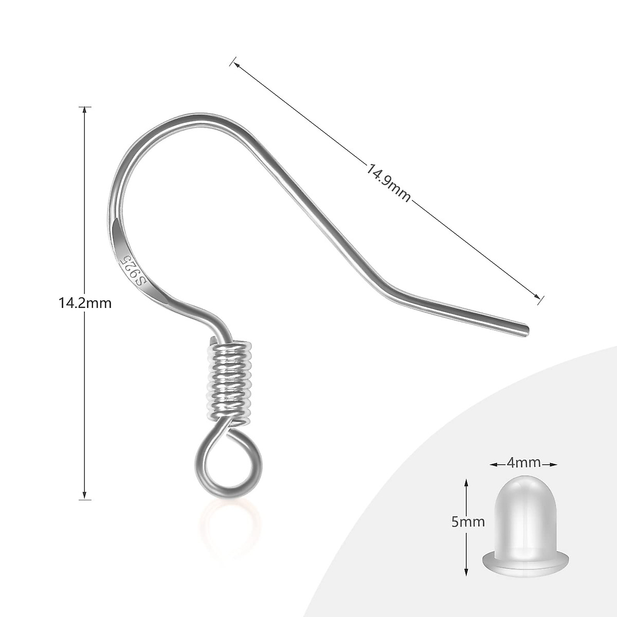 925 Sterling Mixed Earring Hooks 120 PCS/60 Pairs Hypoallergenic Ear Wires Fish Hooks for Jewelry Making, Jewelry Findings Parts with 120 PCS Rubber Earring Backs Stopper for DIY Earrings