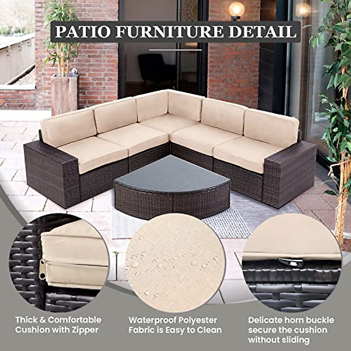 SOLAURA 6 Pieces Patio Furniture, Patio Sectional Sofa All-Weather PE Wicker Modular Outdoor Furniture Patio Conversation Set with Glass Coffee Table (Brown)