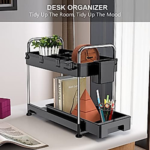 Luyata 2 Pack Under Sink Organizers, 2 Tier Under Cabinet Organizer Sliding, Under Cabinet Storage, Kitchen Organizer, Bathroom Organizer Under Sink With 8 Divider 8 Hooks and 4 Hanging Cups Black