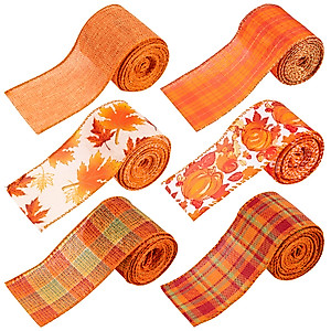 Whaline 6 Rolls Fall Thanksgiving Burlap Ribbon 30 Yard Orange Plaid Autumn Harvest Ribbon Pumpkin Fall Leaves Wired Edge Wrapping Ribbon Rustic Craft Ribbon for Wreath Floral Bows Craft Decor, 2.5In
