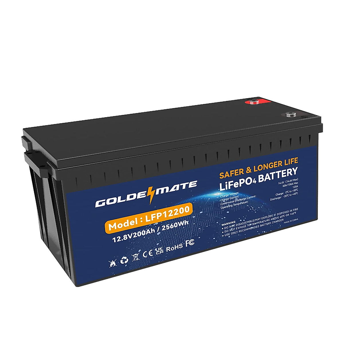 GOLDENMATE 12V 200Ah LiFePO4 Lithium Battery, Rechargeable Battery Up to 15000 Cycles, Built-in BMS, Max 2560Wh, Perfect for RV, Camping, Solar, Marine, Trolling Motor, Golf Cart, Off-Grid Application