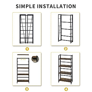 FurnitureR 4-Tier Bookcase Folding Bookshelf Home Office Industrial Bookcase with Metal Frame No Assembly Storage Shelves Vintage Flower Stand Rustic Book Rack Organizer, 23.6 X 11.8 X 49.2 Inches