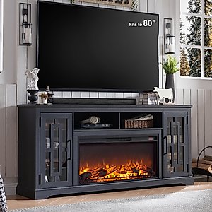 JXQTLINGMU Fireplace TV Stand with 36" Electric Fireplace for 80 Inch TV, Farmhouse 32" Tall Highboy Entertainment Center w/6 Shelves, Modern Media Console w/Storage for Living Room, Black