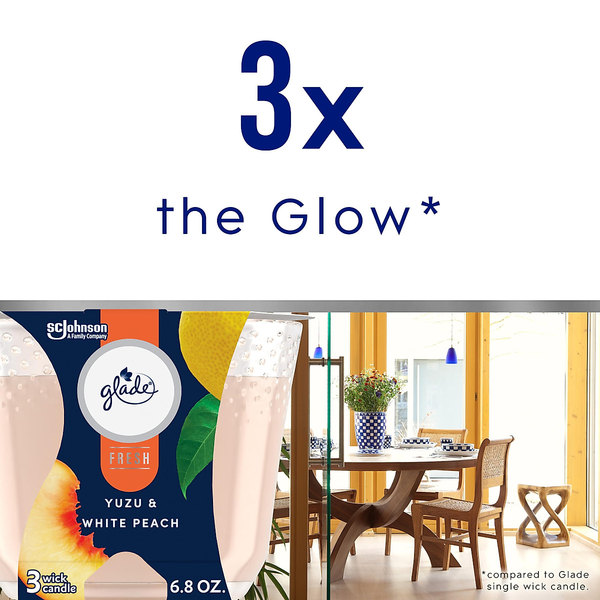 Glade Candle Yuzu & White Peach, Fresh Collection, Fragrance Candle Infused with Essential Oils, Air Freshener Candle, 3-Wick Candle, 6.8 Oz, 3 Count