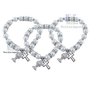 First Holy Communion Favor (12 PCS) White Pearl Bracelet Silver Metal Chalice Cross Charms in Organza Gift Bags with Flowers and Ribbons/Recuerdos para Primera Comunion Niña Niño