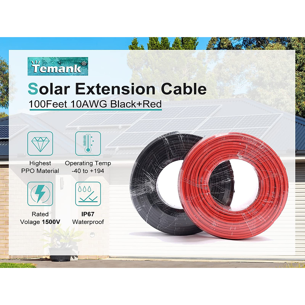 Temank 10AWG Solar Extension Cable 100Ft Black + 100 Ft Red, 10 Gauge Solar Panel Cables Wire 100 Ft with 8 Pairs 1500V Solar connectors and 2 Sets of Z Brackets