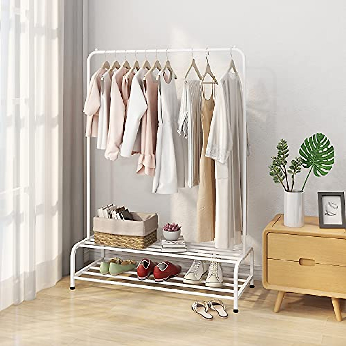 White Commercial Garment Rack,Closet Garment Rack, Heavy Duty Clothes Storage Organizer for Bedroom, Free-Standing and Closet Organizer and Storage with Hanger Rods Clothes Rack for Hanging Clothes