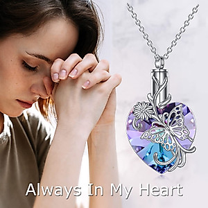 YFN Heart Crystal Urn Necklace for Ashes Cremation Jewelry Sterling Silver with Purple Blue Crystal Jewelry Gifts for Women Girls Butterfly