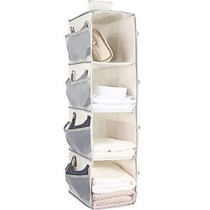 Astro 4-Shelf Hanging Closet Organizer with 8 Side Pockets, Collapsible Hanging Closet Shelves, Hanging Organizer for Closet, Ivory, 821-27