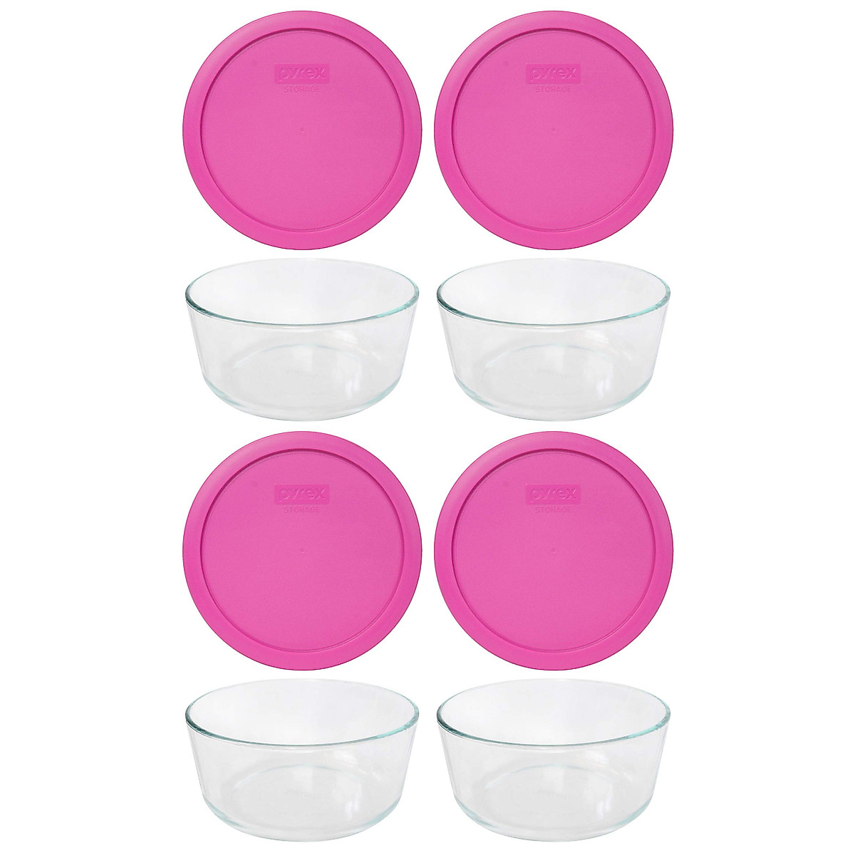 Pyrex (4) 7203 7-Cup Glass Bowls & (4) 7402-PC 7-Cup Pink Lids - Made in the USA