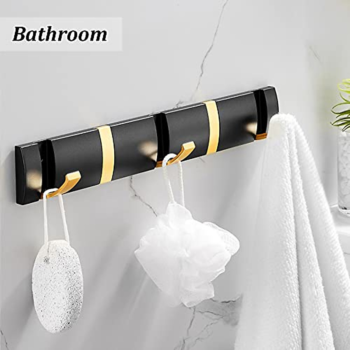 DMYMAT Coat Rack Wall Mounted with 5 Folding Hooks, 15.8 Inch Space Saving Wall Coat Hook, Black Gold Towel Hooks for Bathroom, Bedroom, Entryway, Hats, Scarves, Umbrella and Keys