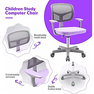 FUTADA Kids Desk Chair, Height Adjustable Children Study Chair w/Lumbar Support, Swivel Mesh Seat, Universal Casters, Ergonomic Kids Task Chair for Boys Girls Aged 3-10, Home, School, Office (Purple)