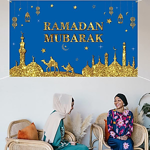 KYMY Large Ramadan Mubarak Porch Sign with 70.8 X 47.2 inch,Muslim Ramadan Banner for Eid Mubarak Party Backdrop,Islamic Hanging Banner for Indoor and Outdoor Ramadan Mubarak Decorations
