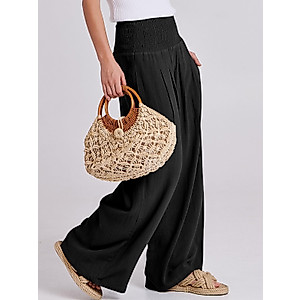 ANRABESS Women Linen Palazzo Pants Summer Boho Wide Leg High Waist Casual Lounge Pant 2024 Beach Travel Vacation Outfits Black Medium
