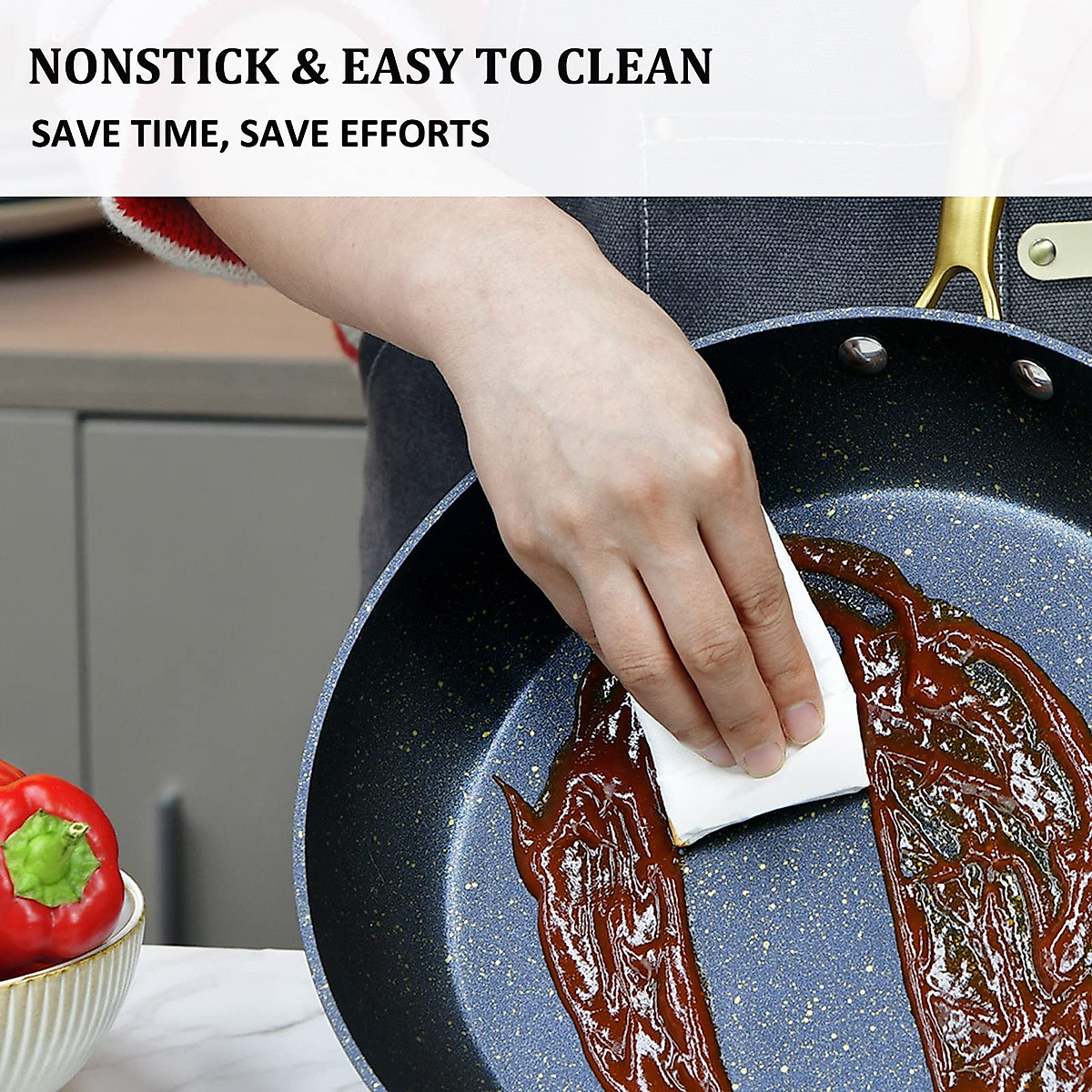 diig Non Stick Frying Pans Set, 9.5 & 11 Inch Granite Coating Fry Pan Skillet Sets for Cooking, 2 PCS Stainless Steel Handle Chef’s Pan, Stove Top Induction, Oven Dishwasher Safe 24cm, 28cm, Black