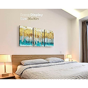 Canvas Wall Art for Living Room Tree Art Teal Yellow Wall Decor Birch Tree Wall Paintings Bedroom Decorations Forest Landscape Picture for Office Home Dining Room Kitchen Bathroom Wall 36x16in