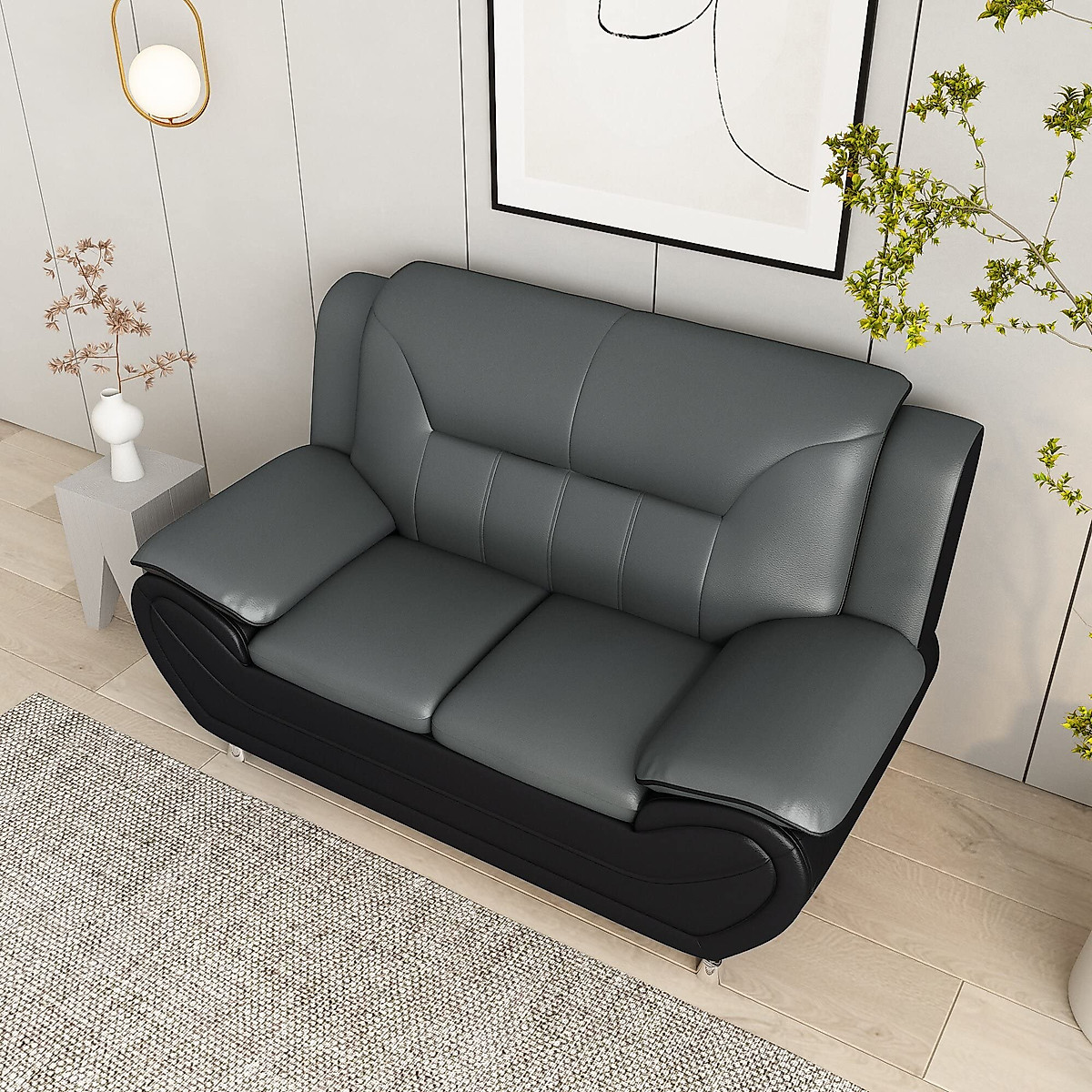 Container Furniture Direct Modern Style Faux Leather Loveseat with Extra Comfortable Pillow Top Armrests Ideal for Living Room, Bedroom or Home Office Couch, 61.3’’ Wide, Grey/Black