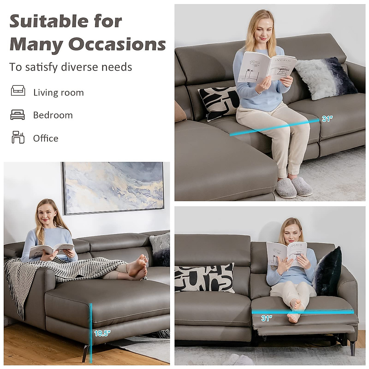 Giantex Upholstered Sectional Sofa Couch, with Chaise Lounge and Electric Power Recliner, CertiPUR-US Sponge, Adjustable Headrests, Metal Legs, Air Leather Modern L-Shaped Living Room Furniture, Grey