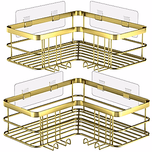 Yazoni Corner Shower Caddy, Adhesive Shower Shelves No Drilling [2-Pack], Rustproof Stainless Steel Bathroom Shower Organizer with 8 Hooks, Shower Shelf for Inside Shower (Gold)