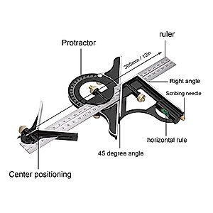 LAJS Stainless Steel T Square Ruler, Adjustable Sliding Combination Square Ruler & Protractor Level Measure Measuring Tool, Combination Square Set, Combo Square Ruler for Woodworking