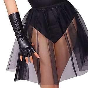 DooWay Black Leather Fingerless Gloves Women Faux Lambskin Leather 11" Half Finger Gloves for Motorcycle Driving Punk Cosplay