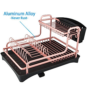 Tomorotec Never Rust Aluminum Dish Rack and Drain Board with Utensil Holder, 2-Tier Kitchen Plate Cup Dish Drying Rack Tray Cutlery Dish Drainer (Matt Rose Gold)