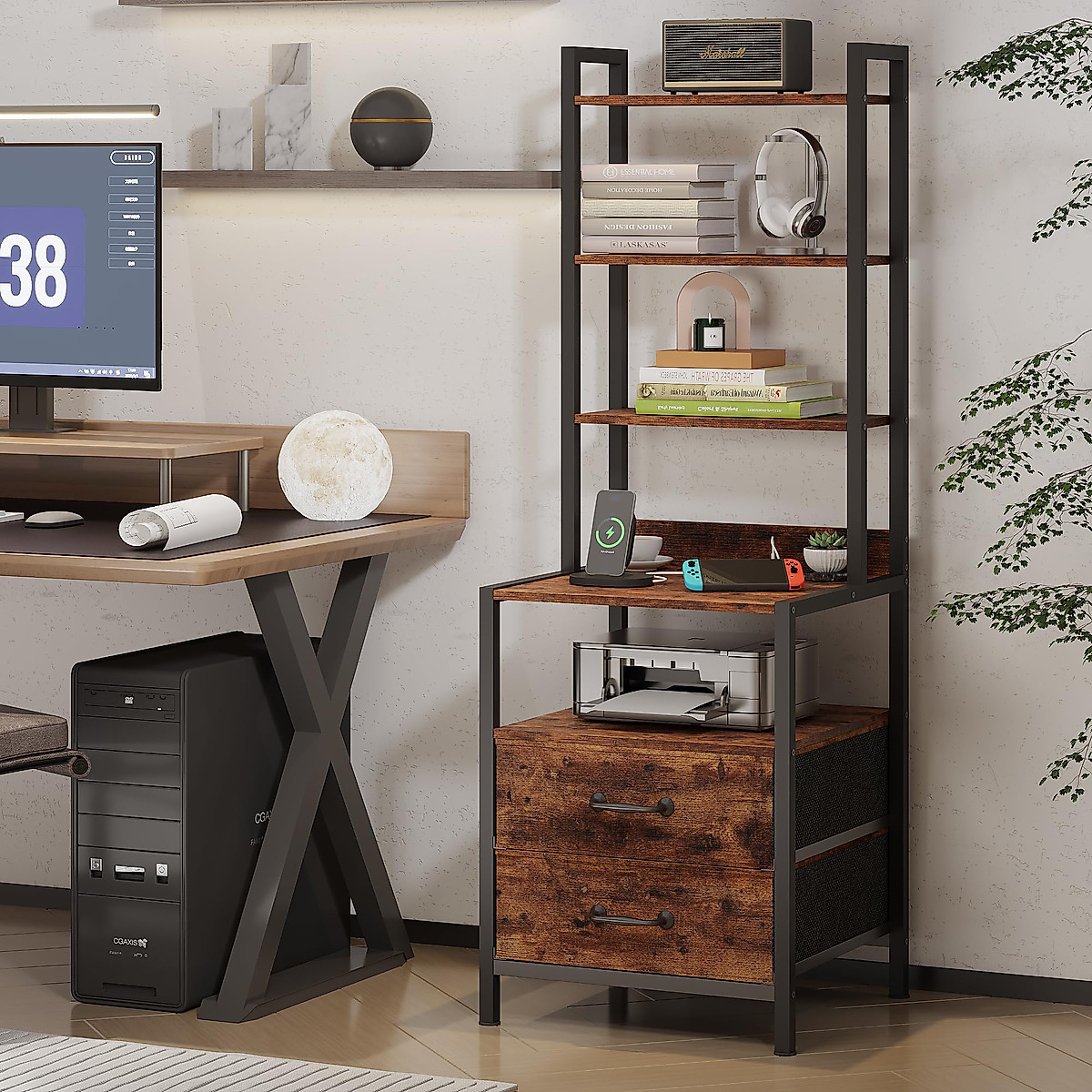 TRIFEBLE Tall Nightstand with Charging Station and Fabric Drawers, 49.6" Tall Bedside Table with 5-Tier Storage Shelves, Night Stand with Bookshelf, End Side Table for Bedroom, Rustic Brown