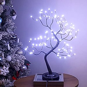 FUCHSUN Tabletop Tree Light Led Desk Lamp Artificial Tree for Home Office Decorative Branches for Party Halloween Holiday Battery USB Operated Bonsai with Timer (White Glow)