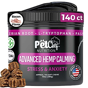 Pet Chef Calming Chews for Dogs with Hemp – Natural Dog Calming Chews for Separation Anxiety, Hyperactivity, Stress, and Pain Relief, Roasted Bacon Flavor, Pop Top Lid, Made in USA, 140 Count Value