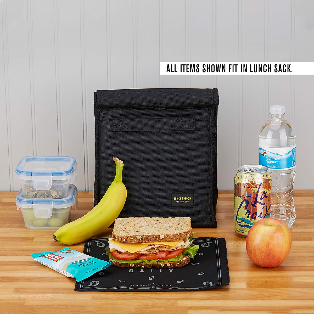 2nd Childhood Insulated Lunch Bag for Men and Women; Rolltop Lunch Box with 2 Side Mesh Pockets and 1 Exteral Slip Pocket (Black)