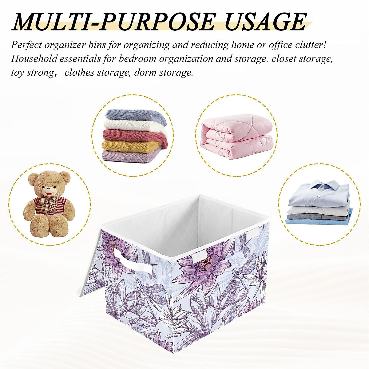 Joisal Purple Lilies And Dragonflies Baskets with Lids for Organizing Fabric Storage Bins for Shelves for Home Bedroom Office