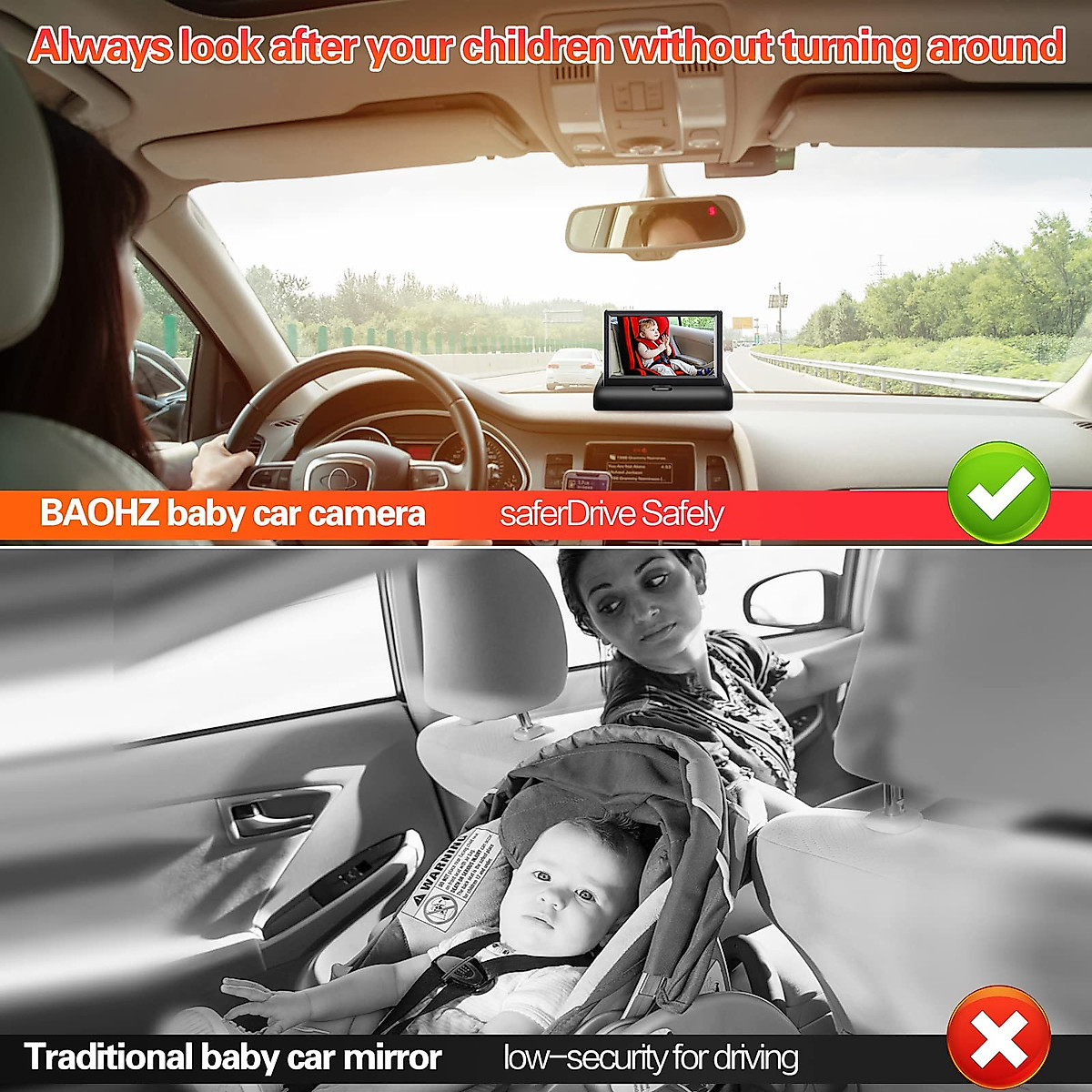 BAOHZ Baby Car Camera,4.3-Inch HD Night Vision Display, Safety Car Seat Mirror, Easily Observe The Baby's Moveat at Any Time While Driving