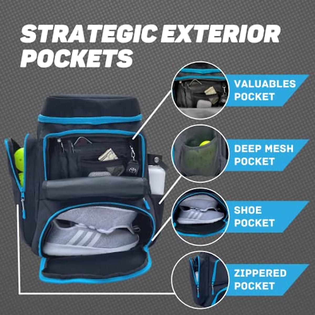 Pickleball Backpack for Men and Women - Fits 2 to 4 Paddles - Shoe Compartment, Fence Hook, Storage Pockets for 2 Water Bottles, Pickleballs, Clothing, Racquet/Paddle Storage - Pickleball Bag