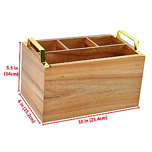 Spiretro Flatware Caddy, Cutlery Utensil Holder, Silverware Condiment Organizer for Kitchen, Dining, Entertaining, Tailgating, Picnics, 4 Compartments，Solid Torched Wood with Golden Metal Handle-Beige