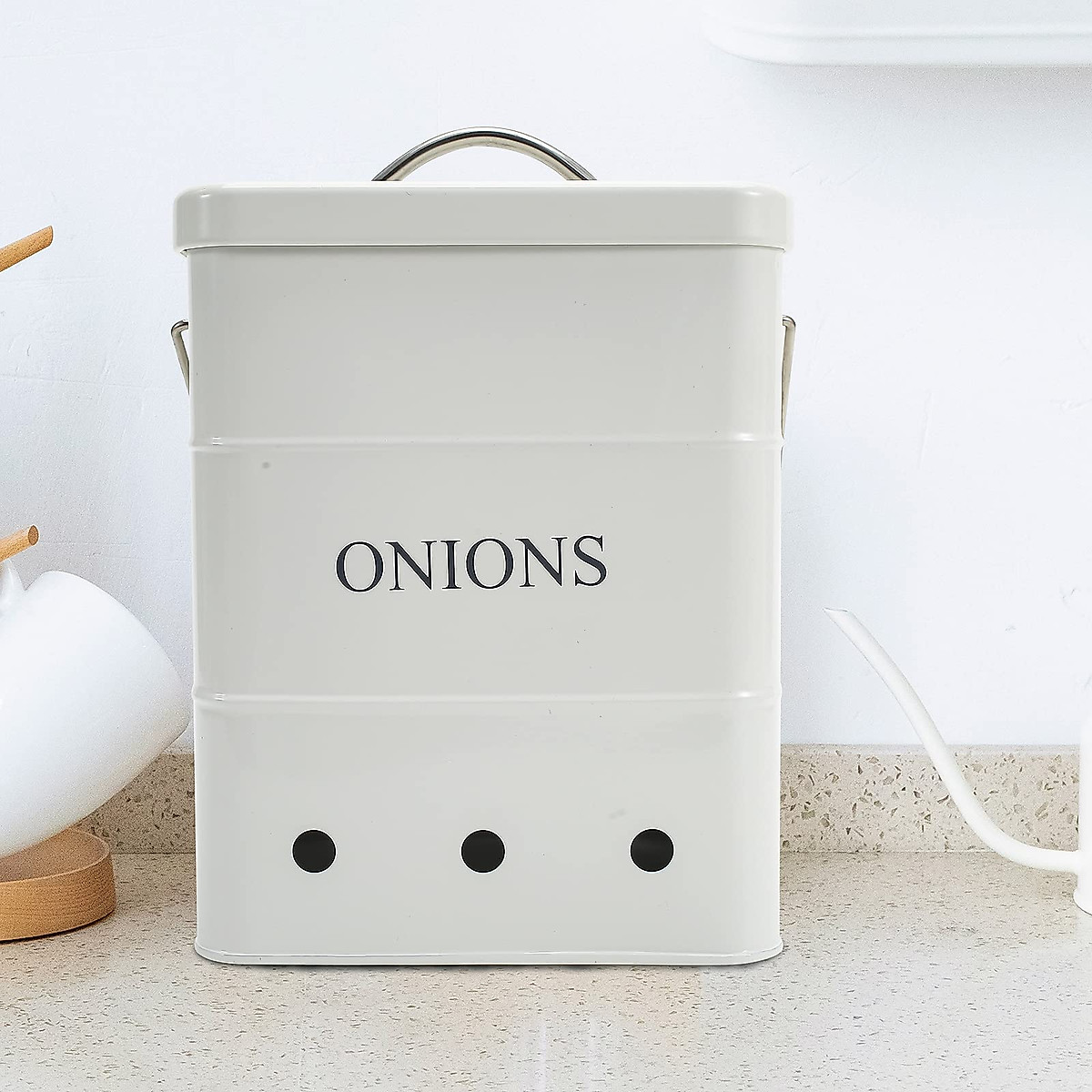 Xbopetda Onion Storage Bin, Metal Storage Tin for Onion, Kitchen Storage Canister with Aerating Tin Storage Holes - Kitchen Pantry Organizer Tin Vegetable Fresh Keeper (White)