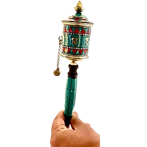 QT S Buddhist Copper & Stone Set Hand-Held Prayer Wheel - Hand carved 9 Inch with Authentic Wooden Handle Made in Buddha Born Country, Nepal