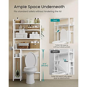 SONGMICS Over The Toilet Storage Shelf with Toilet Paper Holder, Bamboo Bathroom Organizer with Adjustable Shelves, 10.2 x 32.7 x 72.8 Inches, 4 Hooks, Storage Rack, Cloud White UBTS017W01
