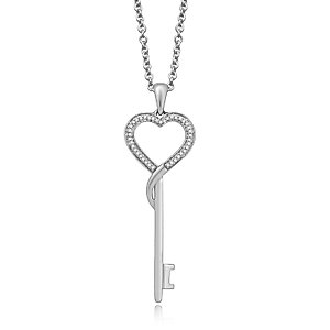 Jewelili Heart Key Necklace Pendant in Sterling Silver with Natural White Diamonds 1/10 CTTW and 18 inch Rolo Chain