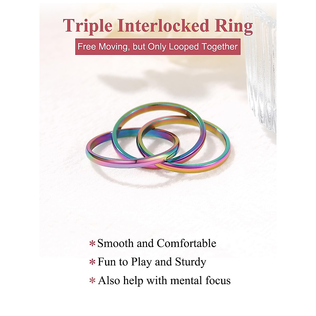 FOCALOOK Womens Rainbow Ring Fashion Fun Ring Triple Interlocked Fidget Ring (Rainbow,8)