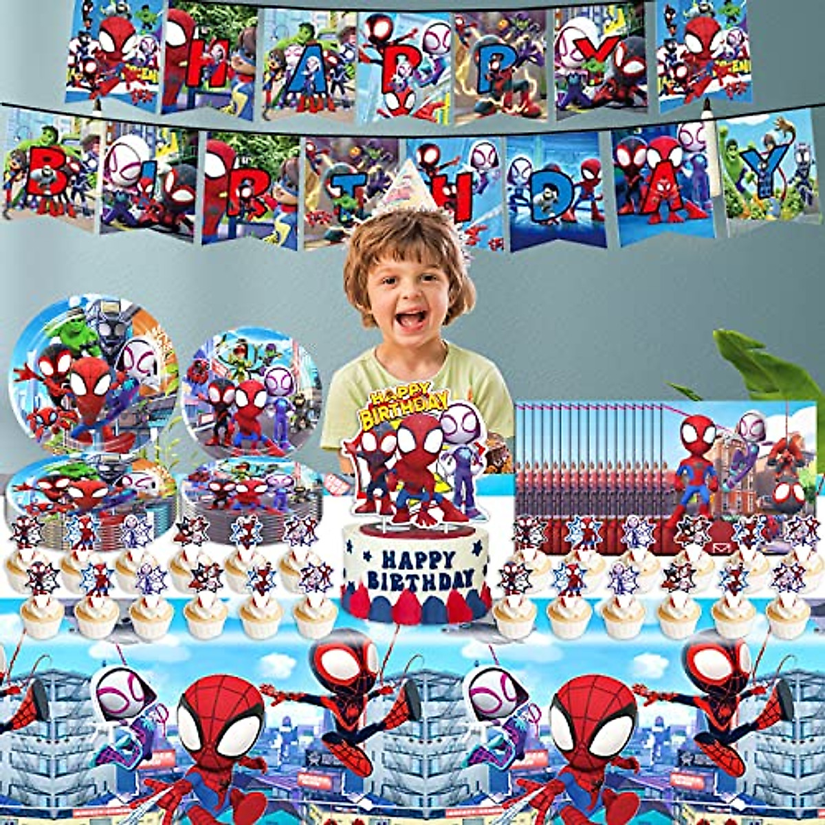 Spider and His Amazing Friends Birthday Party Supplies，Spider Theme Party Decorations With 20 Plates 10 Paper Towels 1 Tablecloth 1 Set of Banners and Cake Inserts， for Fans SPlDERMER Party Supplies