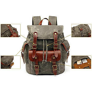 Waxed Canvas Leather Backpack for Men, Military Tactical Shoulder Rucksack for Travel Bag (M85_Khaki)