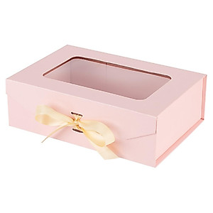 PLINJOY Pink Gift Box for Presents with Ribbon 10.8x7.5x3.5 Inches Clear Gift Box with Window Magnetic Closure Gift Boxes with Lids